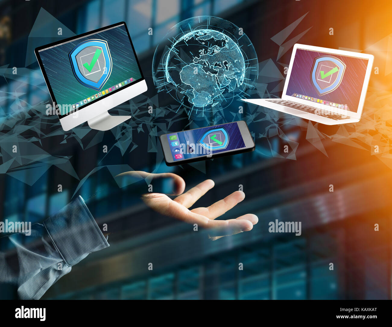 View of a Security shield symbol over a network connection of different ...