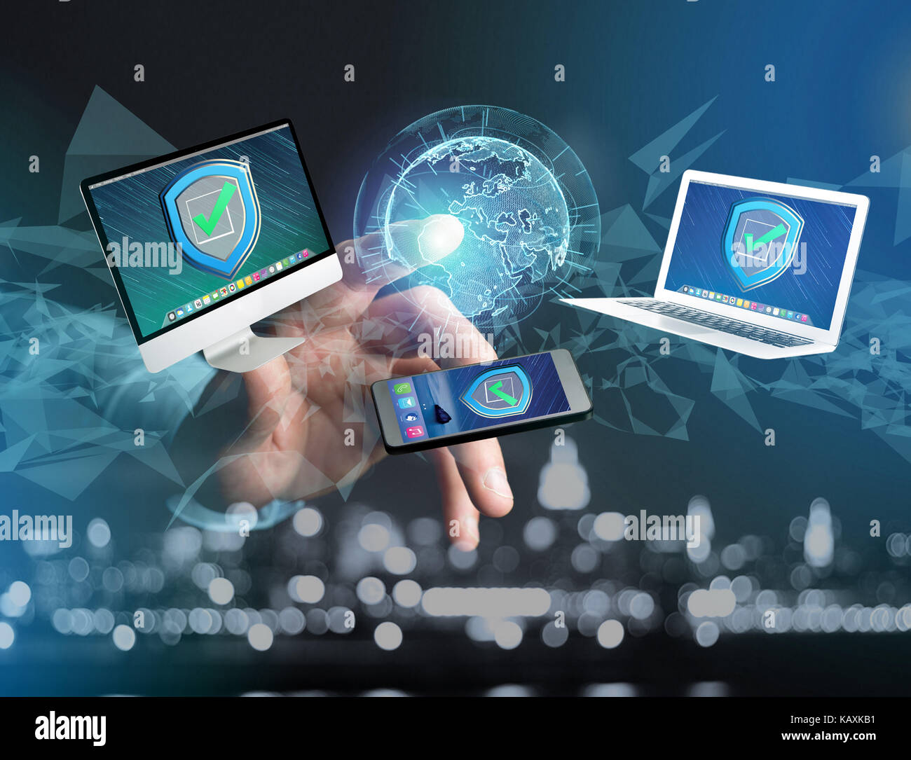 View of a Security shield symbol over a network connection of different ...