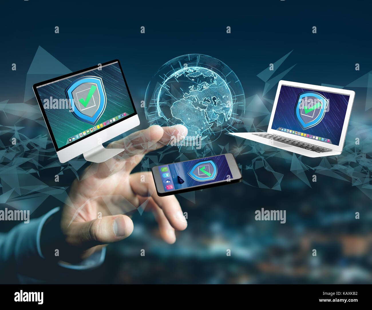 View of a Security shield symbol over a network connection of different ...