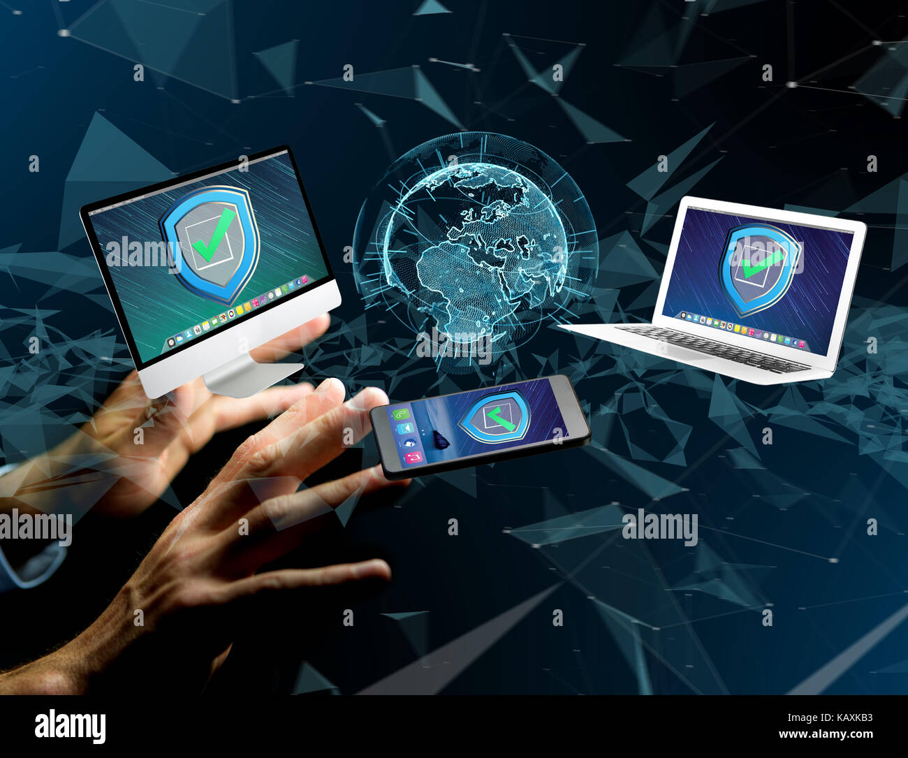 View of a Security shield symbol over a network connection of different ...