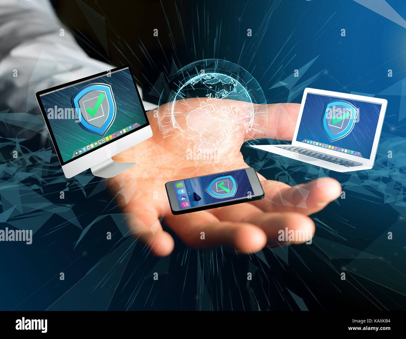 View of a Security shield symbol over a network connection of different ...