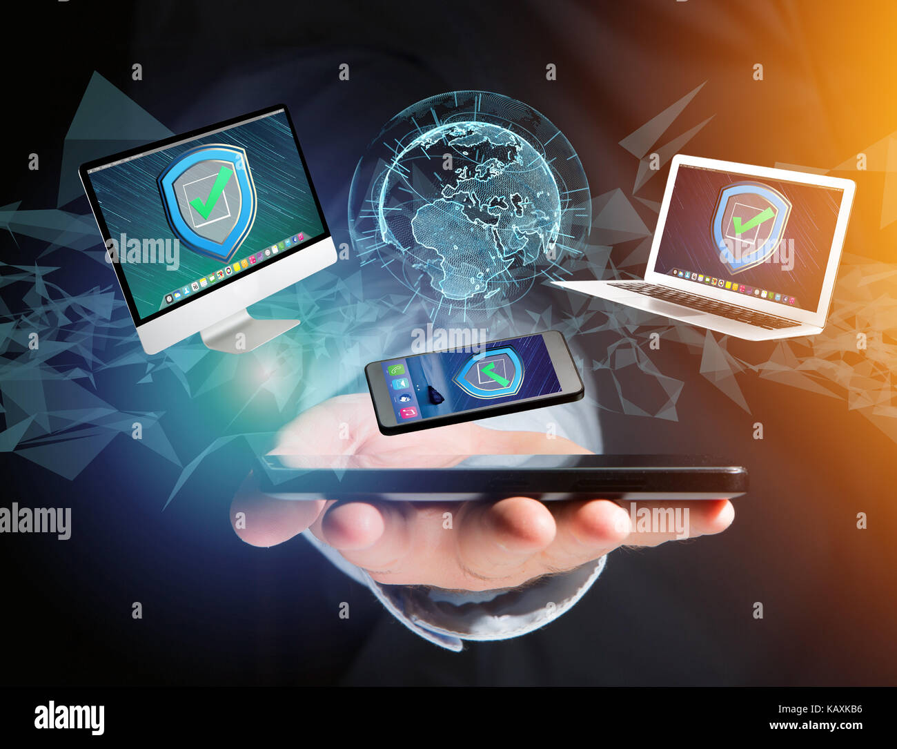 View of a Security shield symbol over a network connection of different ...