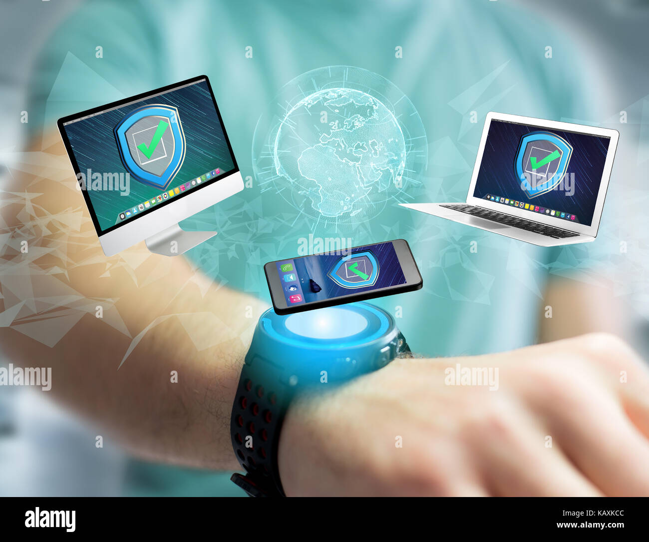 View of a Security shield symbol over a network connection of different ...