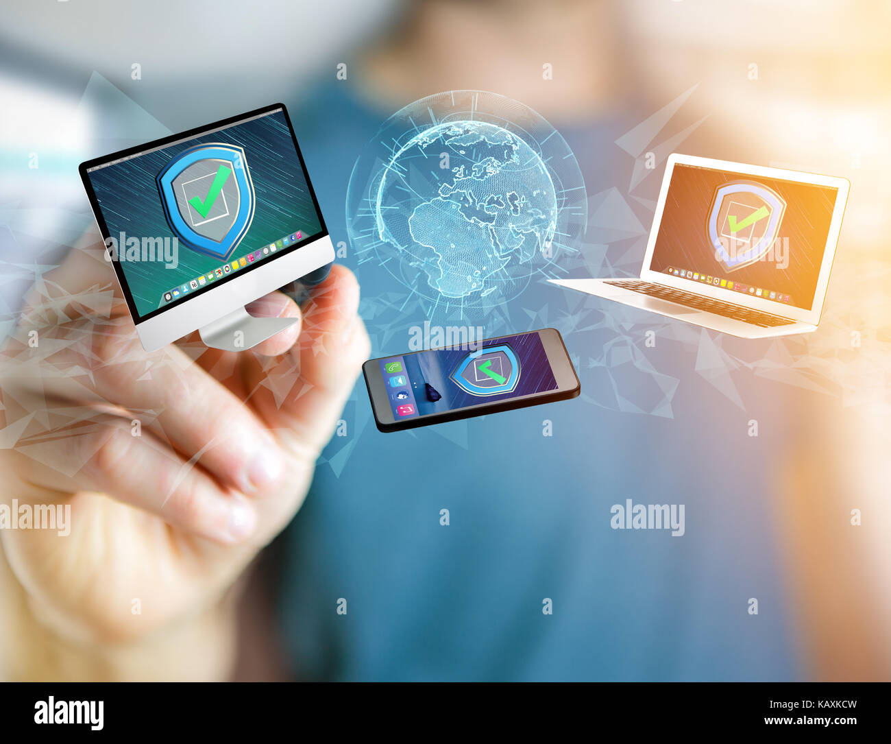 View of a Security shield symbol over a network connection of different ...