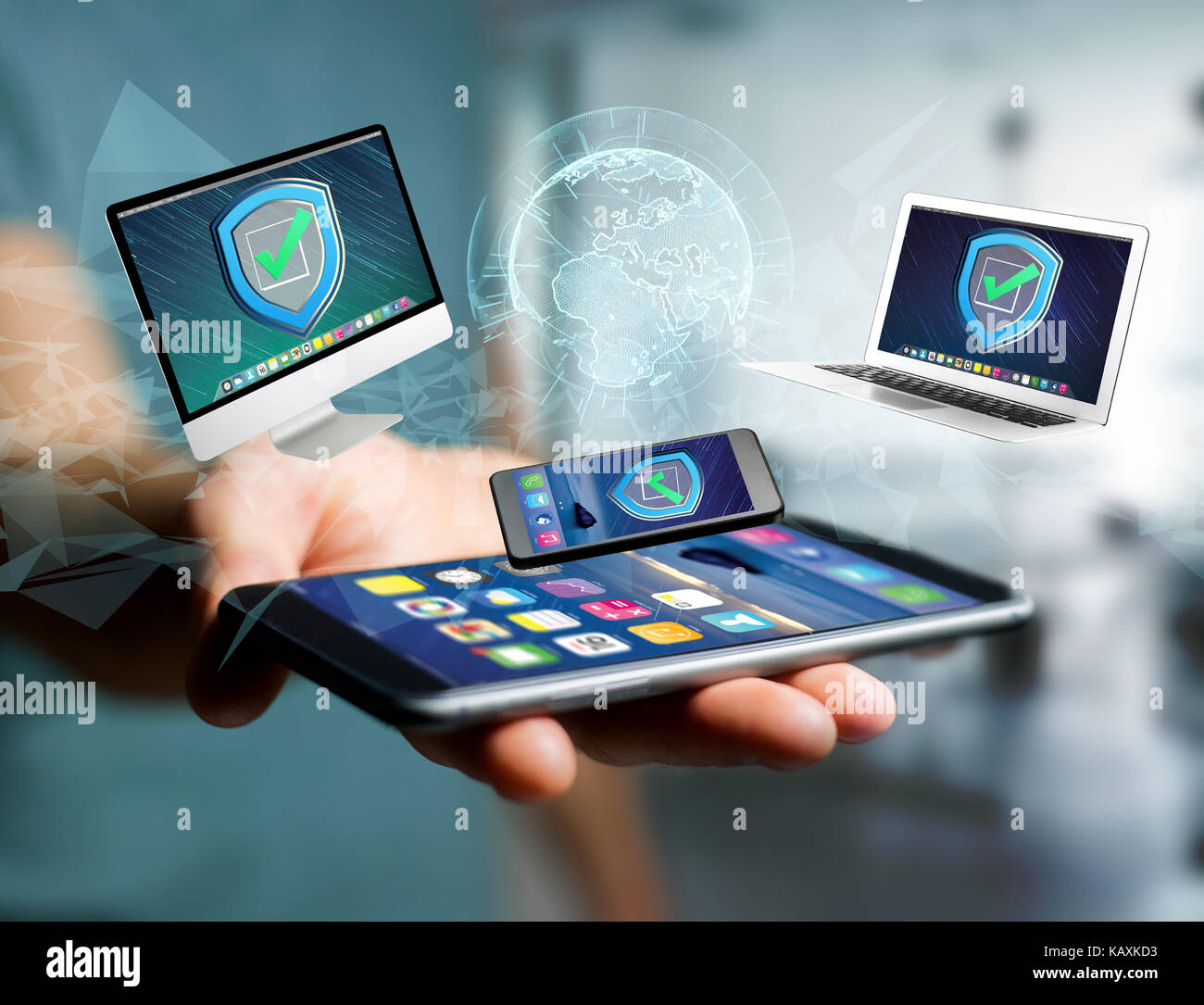 View of a Security shield symbol over a network connection of different ...