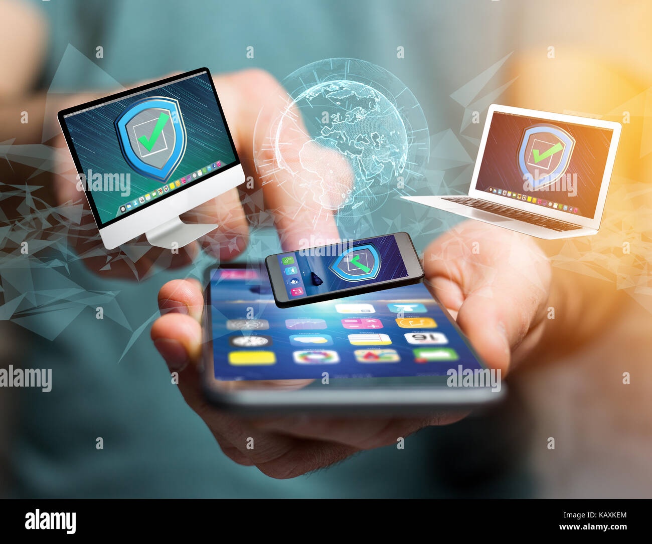 View of a Security shield symbol over a network connection of different ...