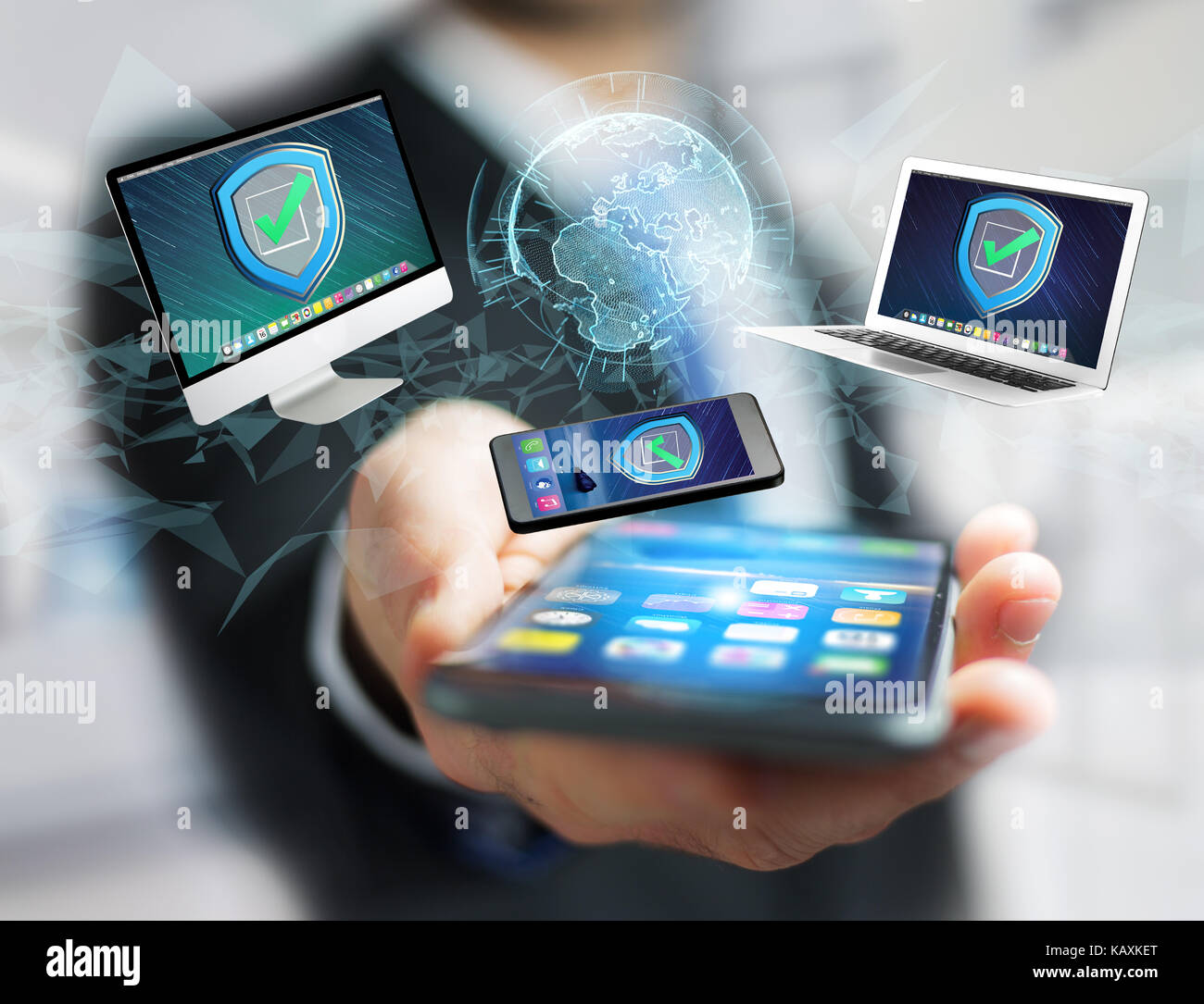 View of a Security shield symbol over a network connection of different ...