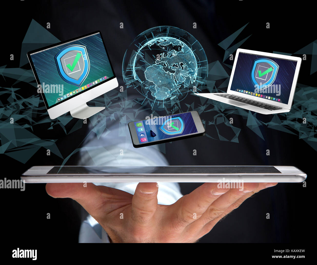 View of a Security shield symbol over a network connection of different ...