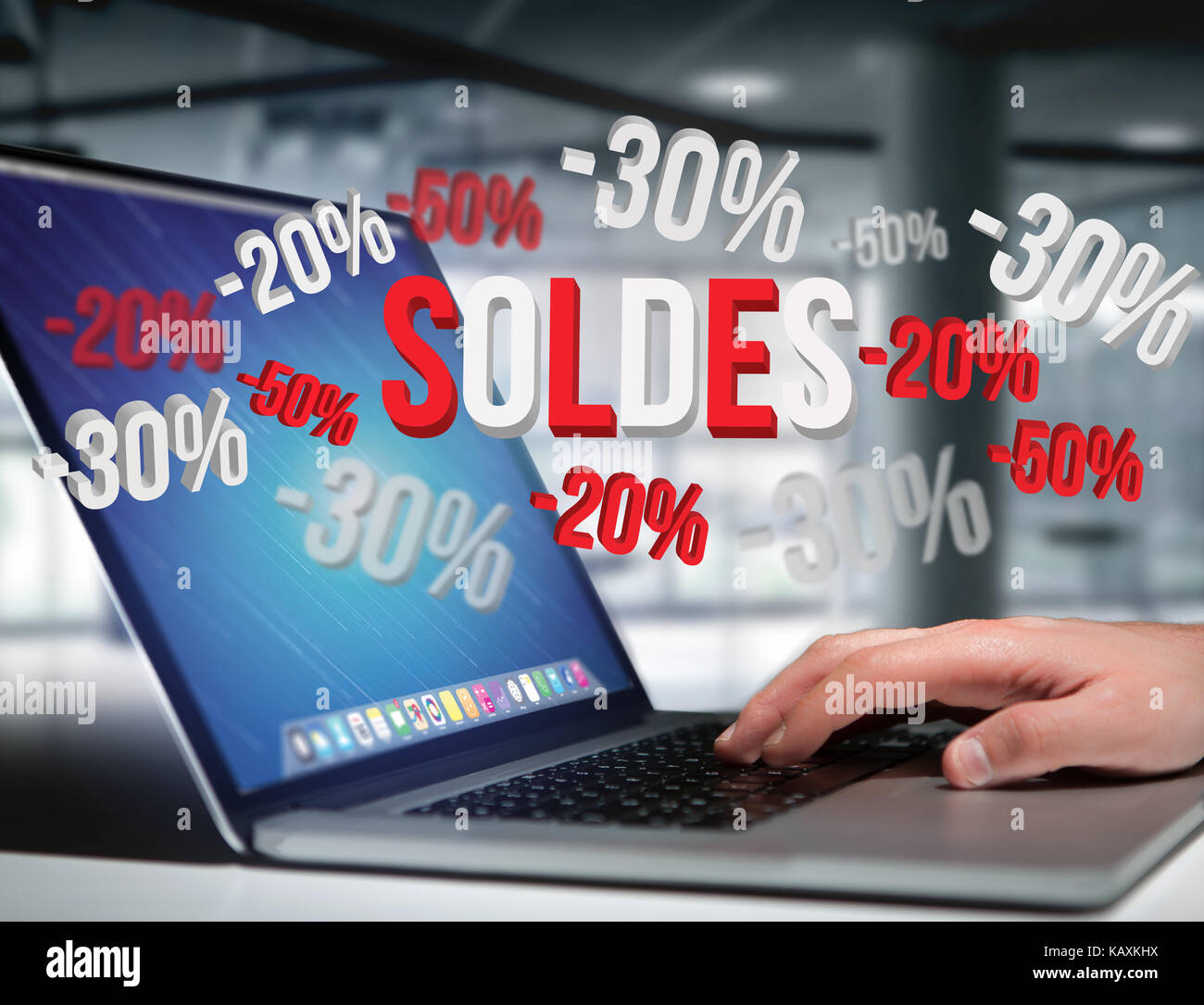 View of a Sales promotion 20% 30% and 50% flying over an interface ...