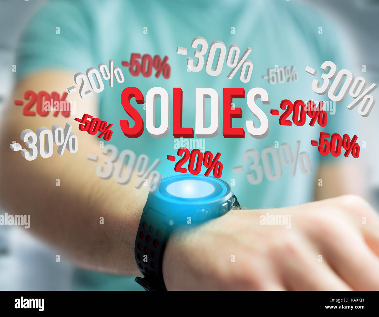 View of a Sales promotion 20% 30% and 50% flying over an interface ...