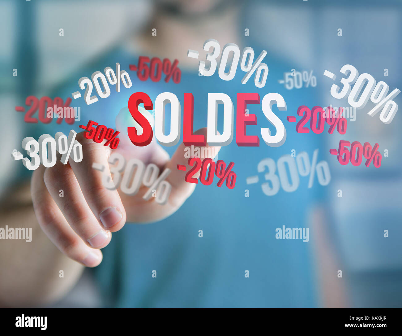 View of a Sales promotion 20% 30% and 50% flying over an interface ...