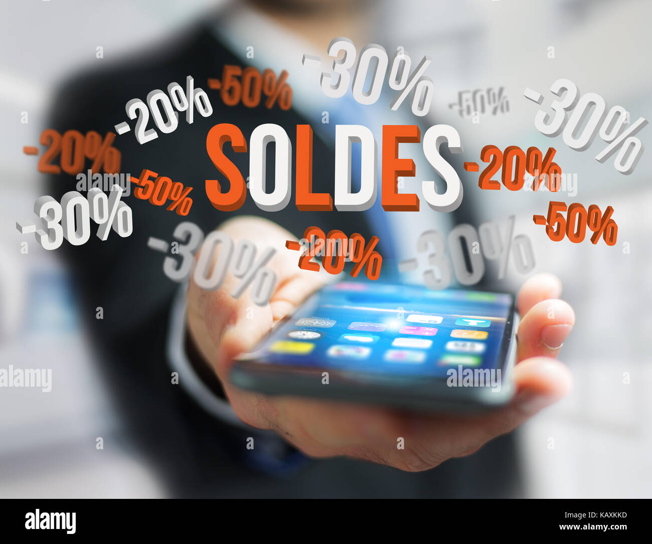 View of a Sales promotion 20% 30% and 50% flying over an interface ...