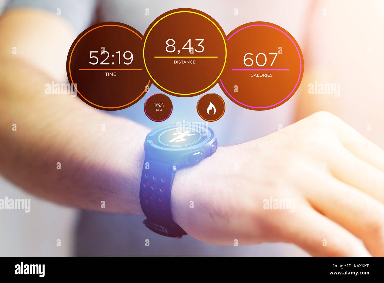 View of a Running interface on a sport smartwatch with data ...