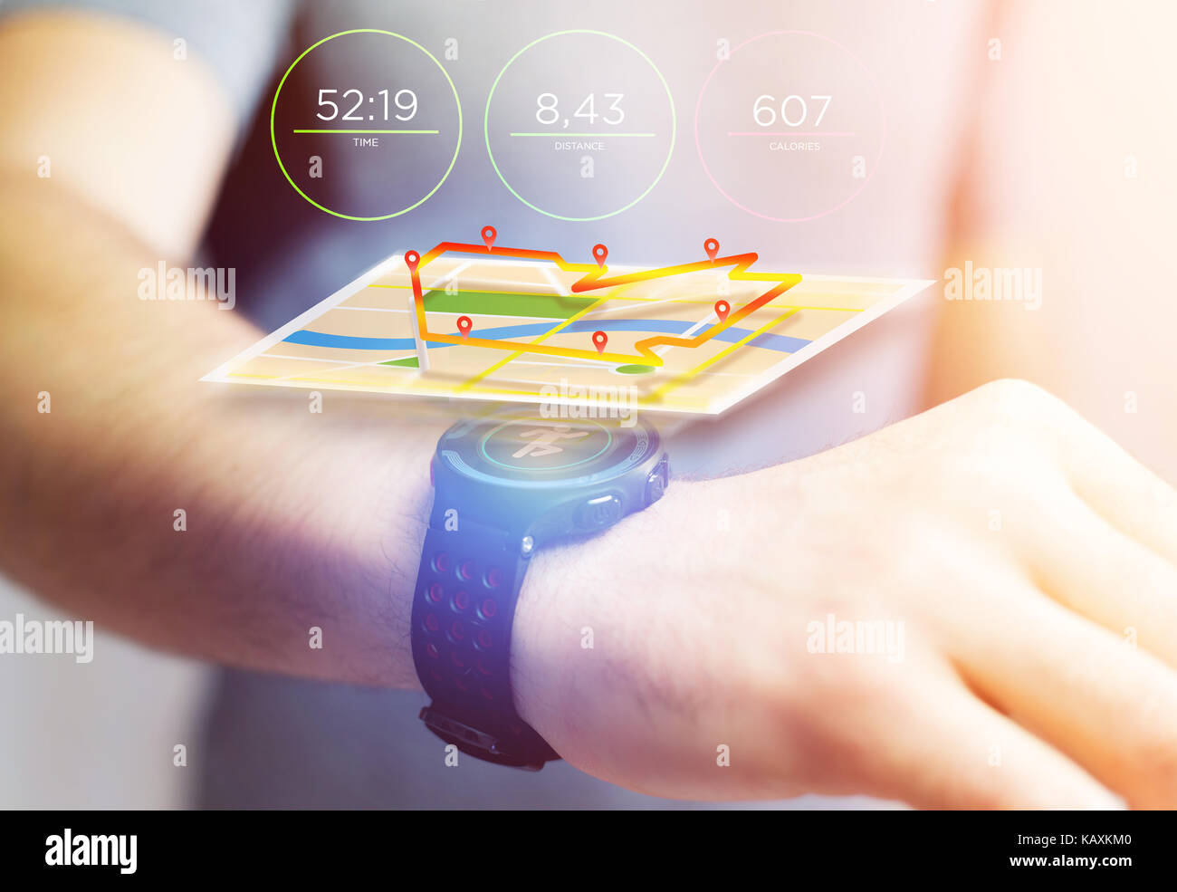 View of a Running interface on a sport smartwatch with data ...