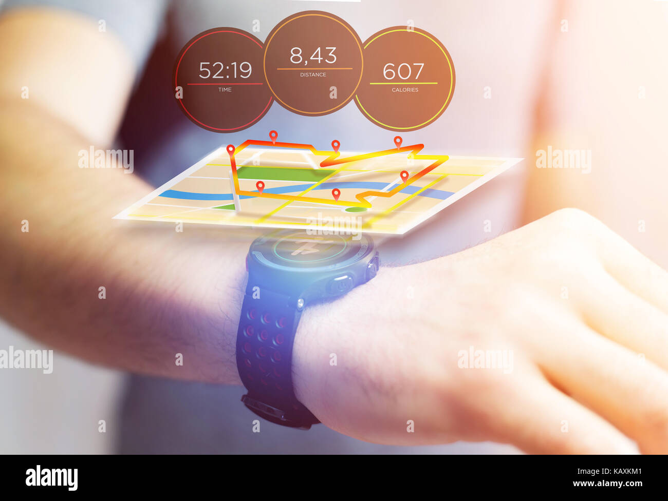 View of a Running interface on a sport smartwatch with data ...