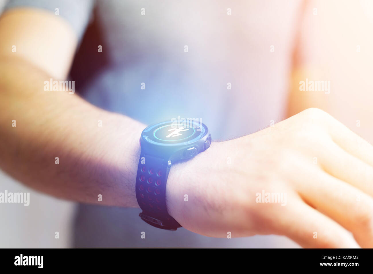 View of a Running interface on a sport smartwatch with data ...