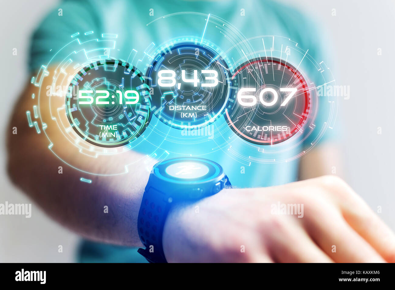 View of a Running interface on a sport smartwatch with data ...