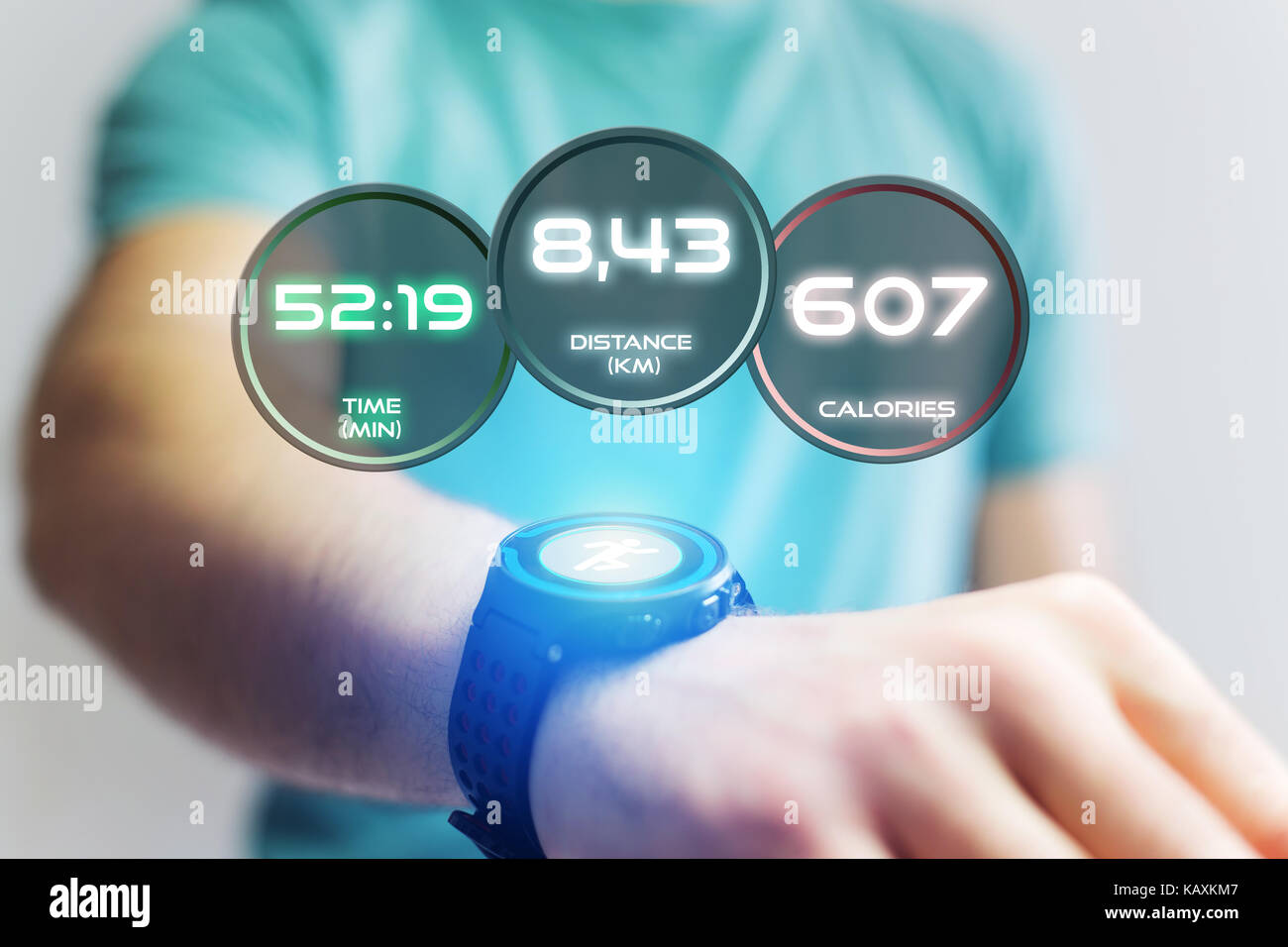 View of a Running interface on a sport smartwatch with data ...
