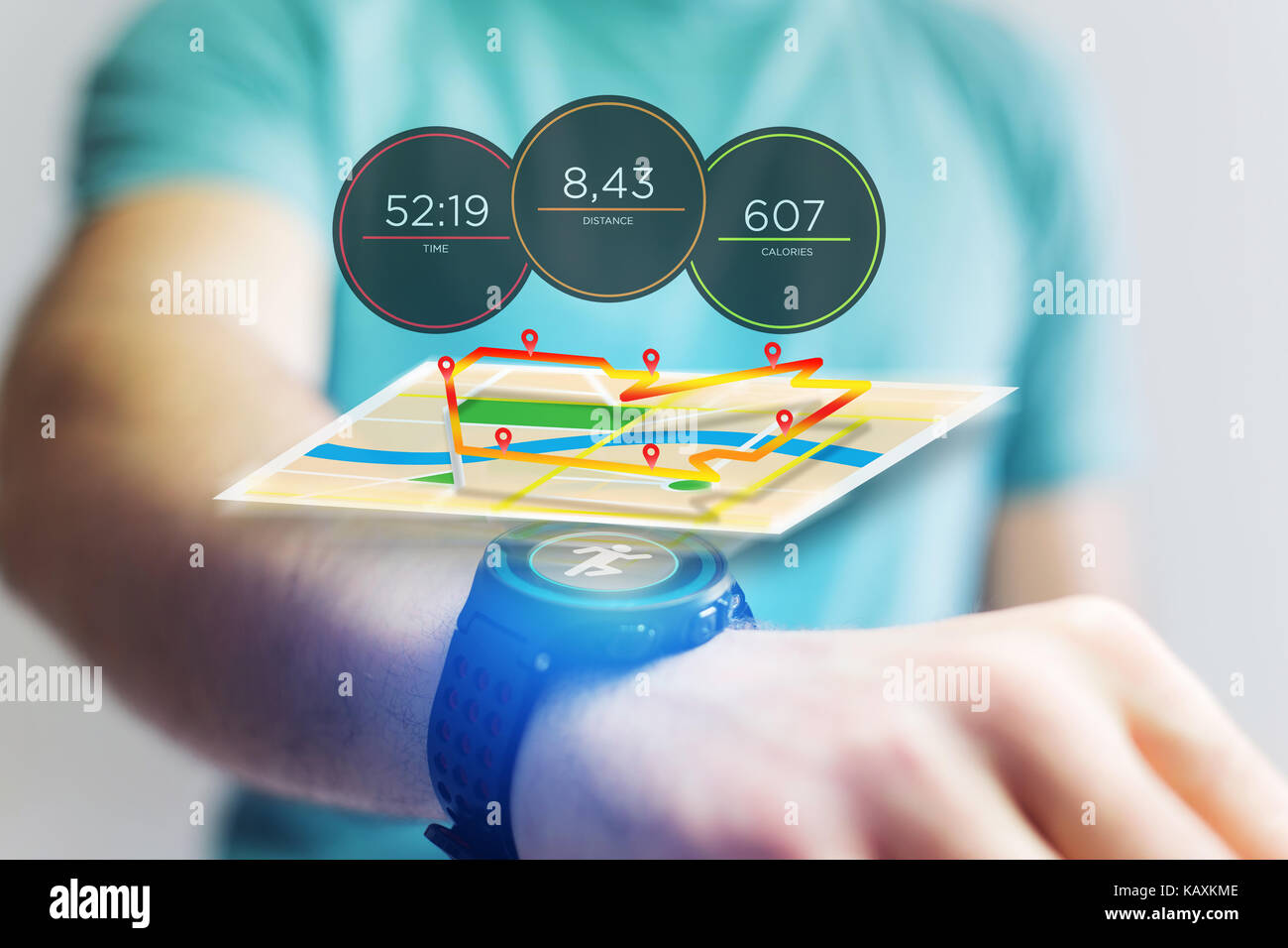 View of a Running interface on a sport smartwatch with data ...