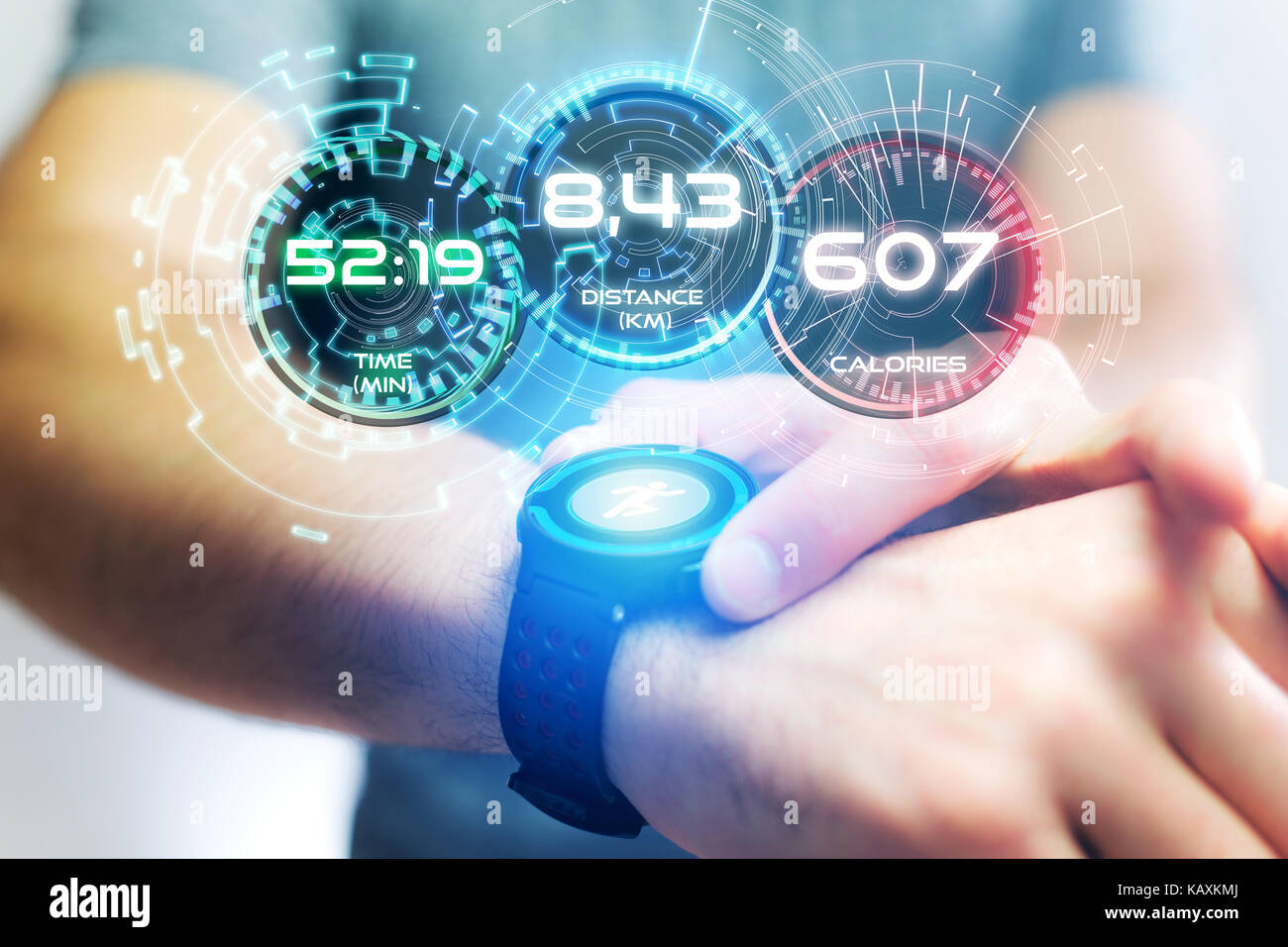 View of a Running interface on a sport smartwatch with data ...