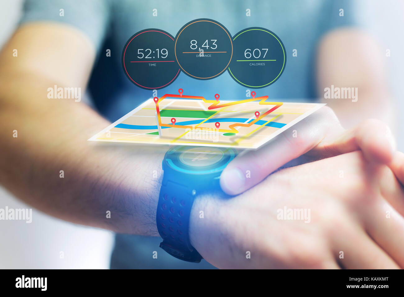 View of a Running interface on a sport smartwatch with data ...