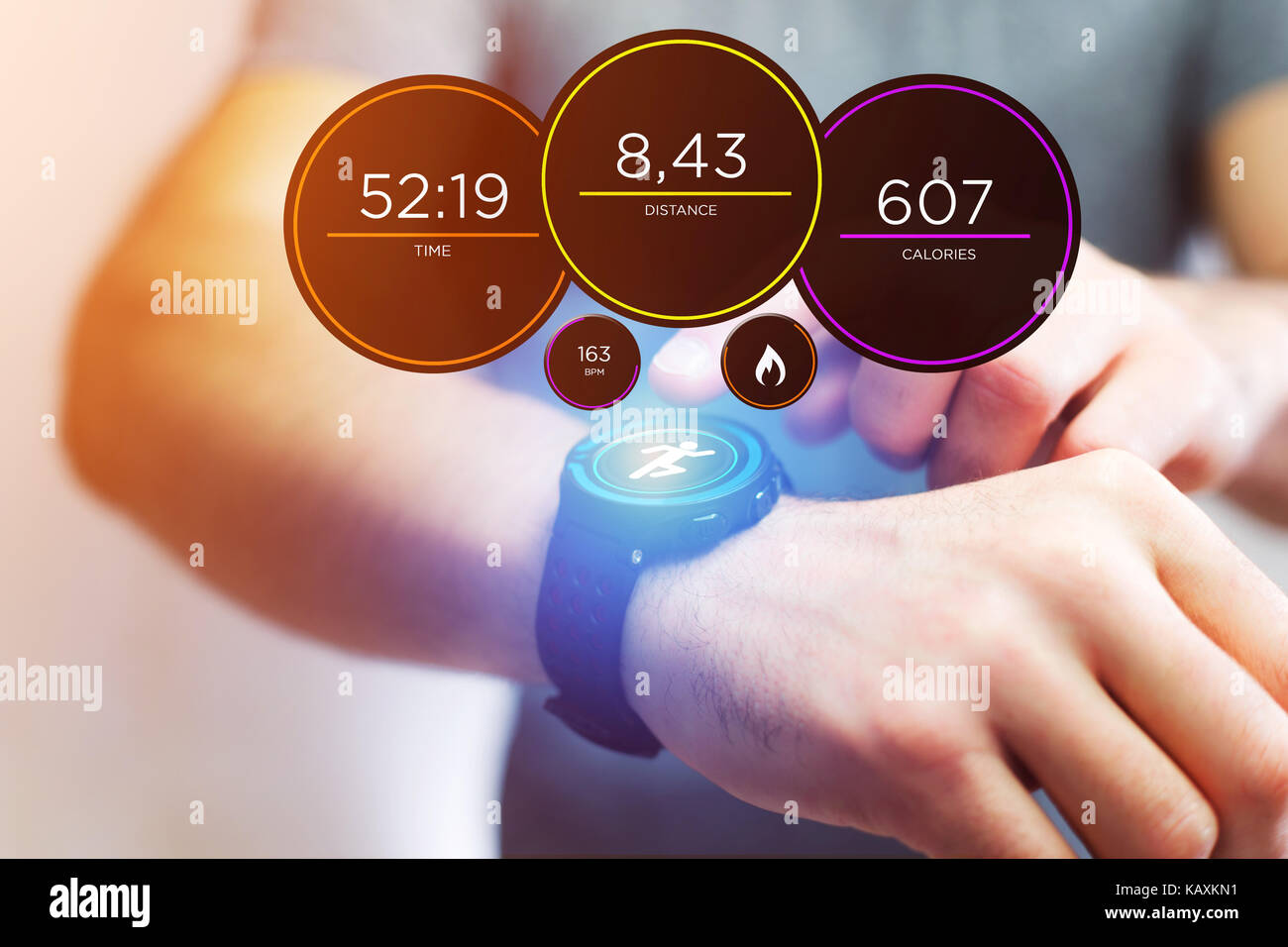 View of a Running interface on a sport smartwatch with data ...