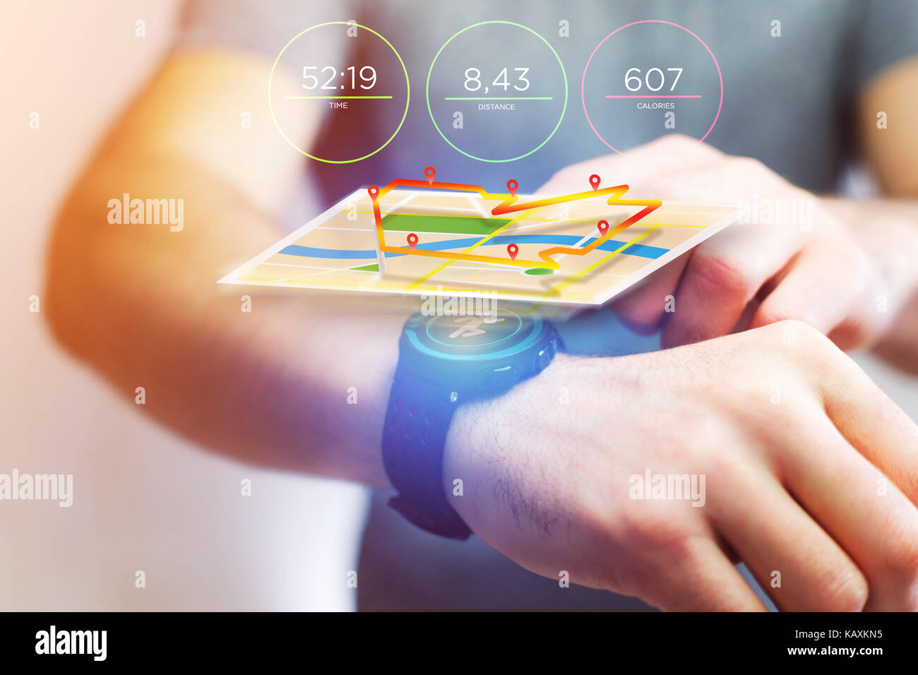 View of a Running interface on a sport smartwatch with data ...