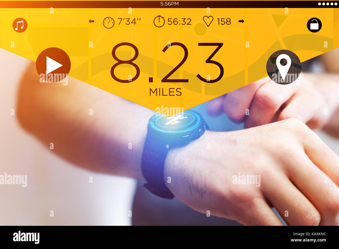 View of a Running interface on a sport smartwatch with data ...