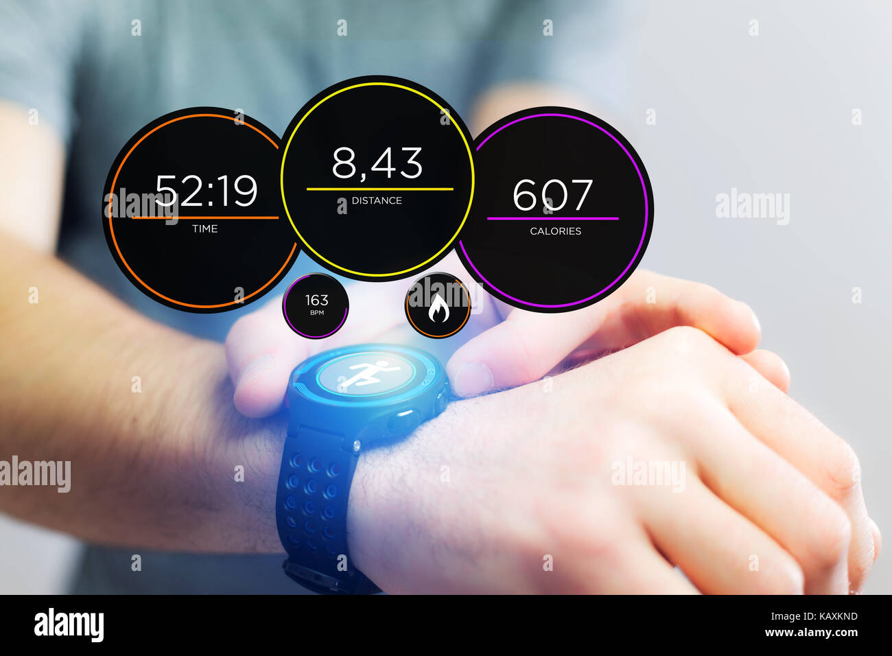 View of a Running interface on a sport smartwatch with data ...
