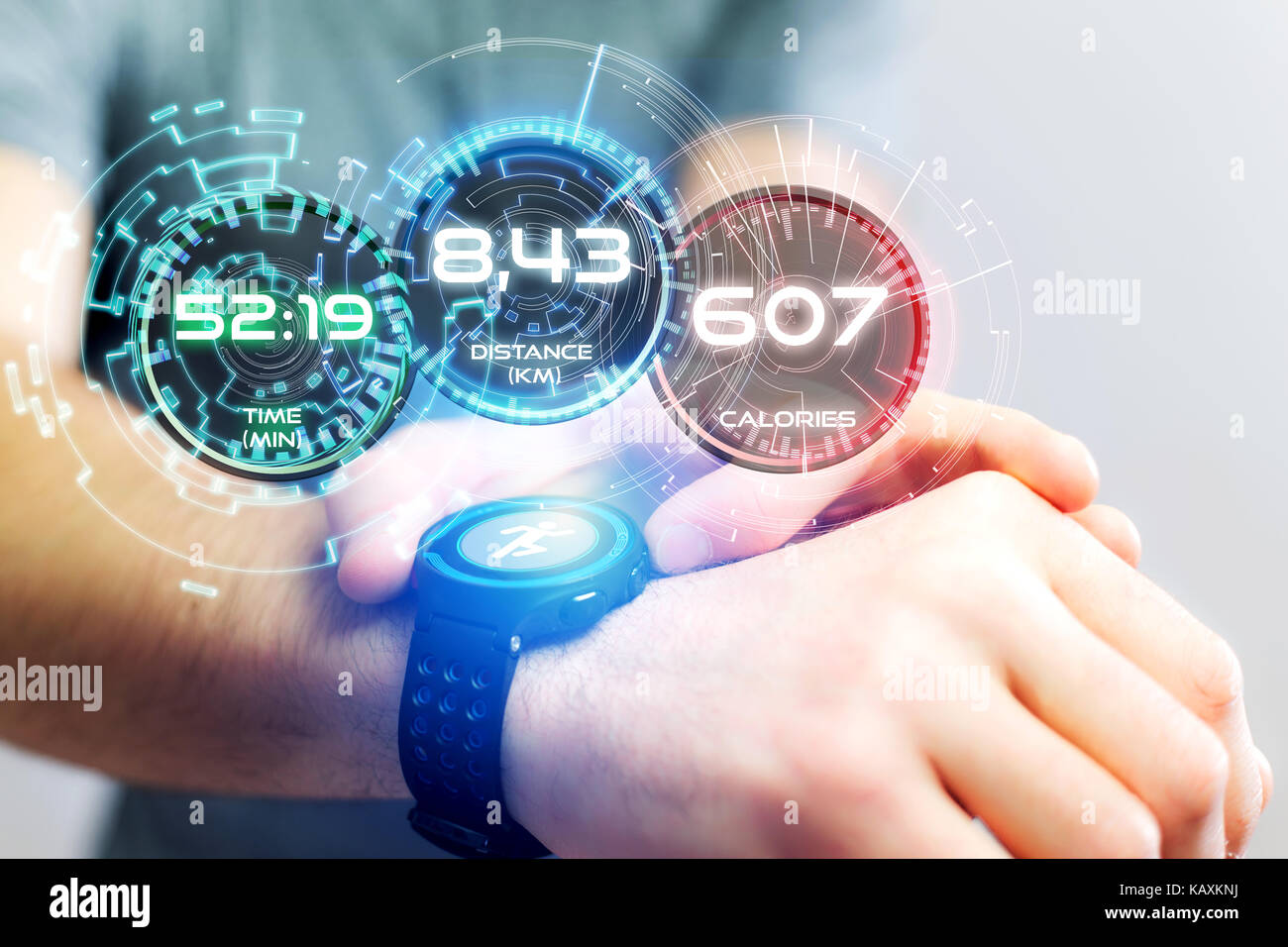 View of a Running interface on a sport smartwatch with data ...