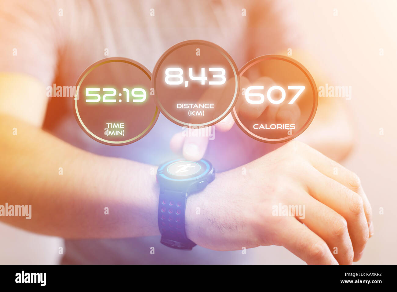 View of a Running interface on a sport smartwatch with data ...