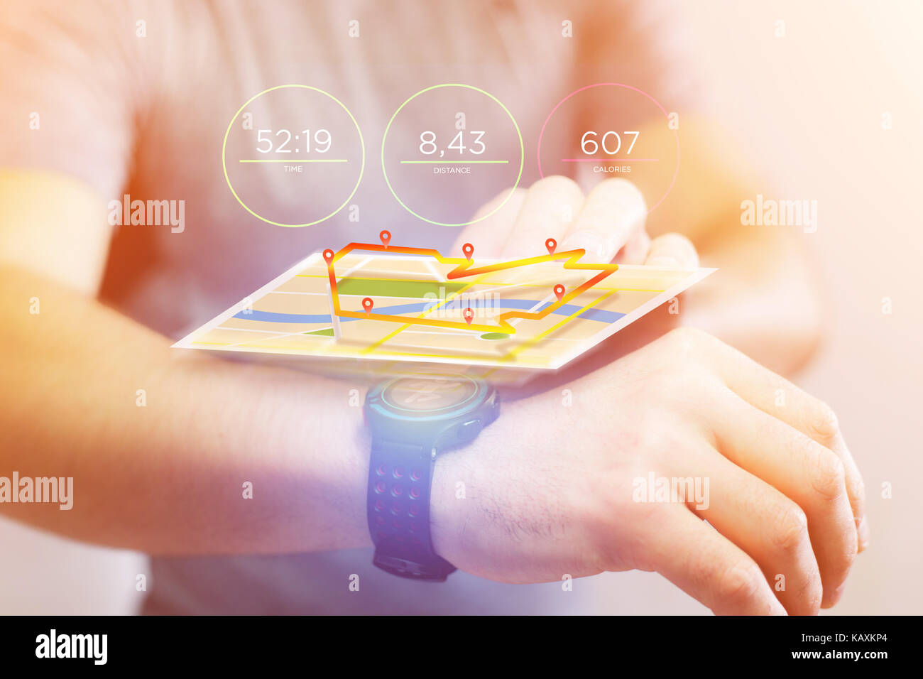 View of a Running interface on a sport smartwatch with data ...