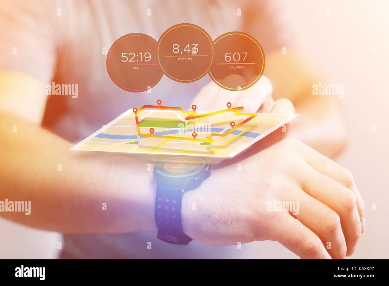 View of a Running interface on a sport smartwatch with data ...