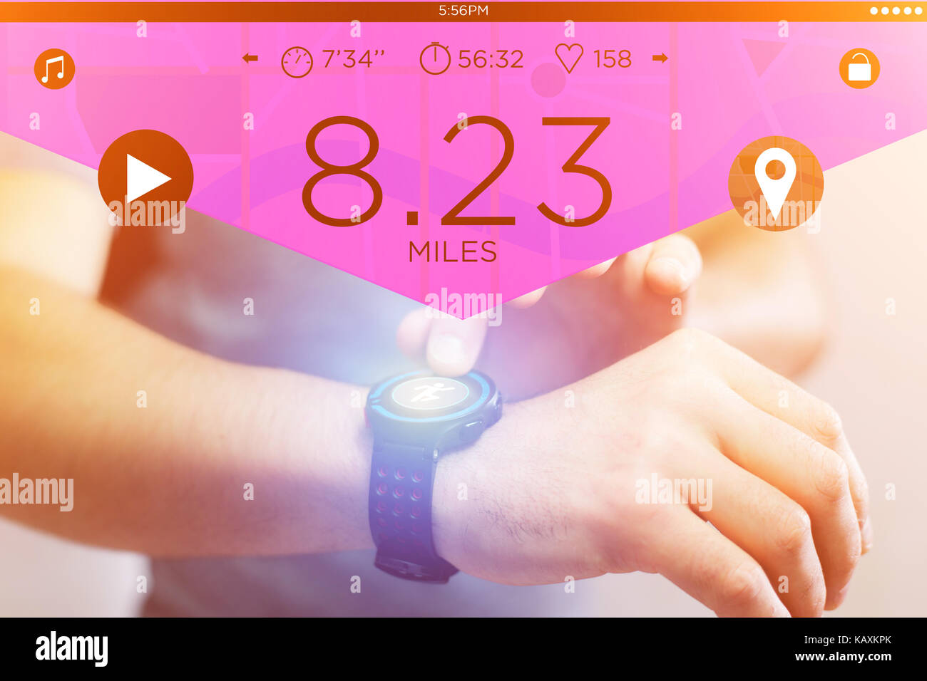 View of a Running interface on a sport smartwatch with data ...
