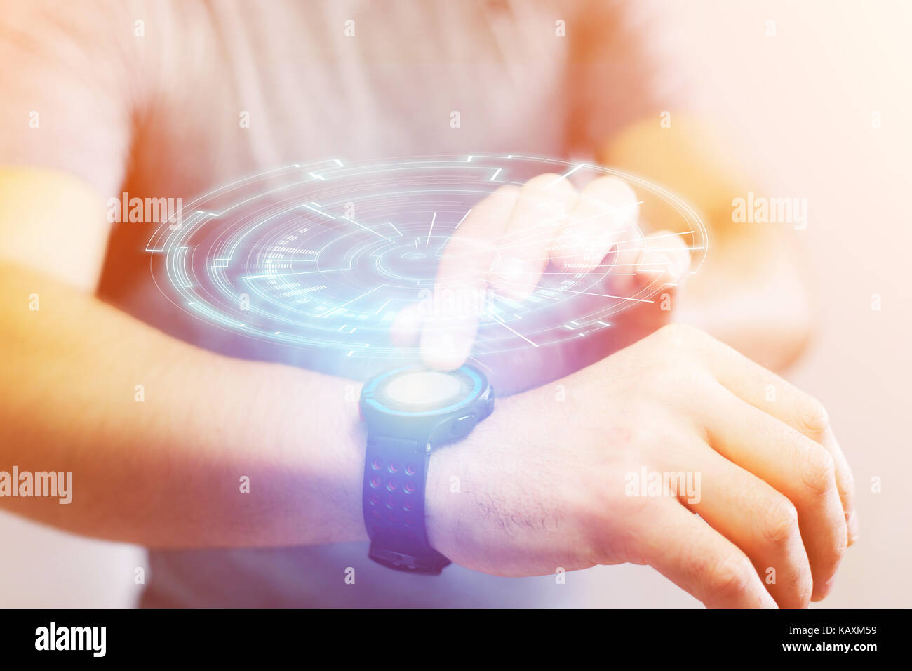Concept view of a futuristic tech wheel going out of a smartwatch Stock ...