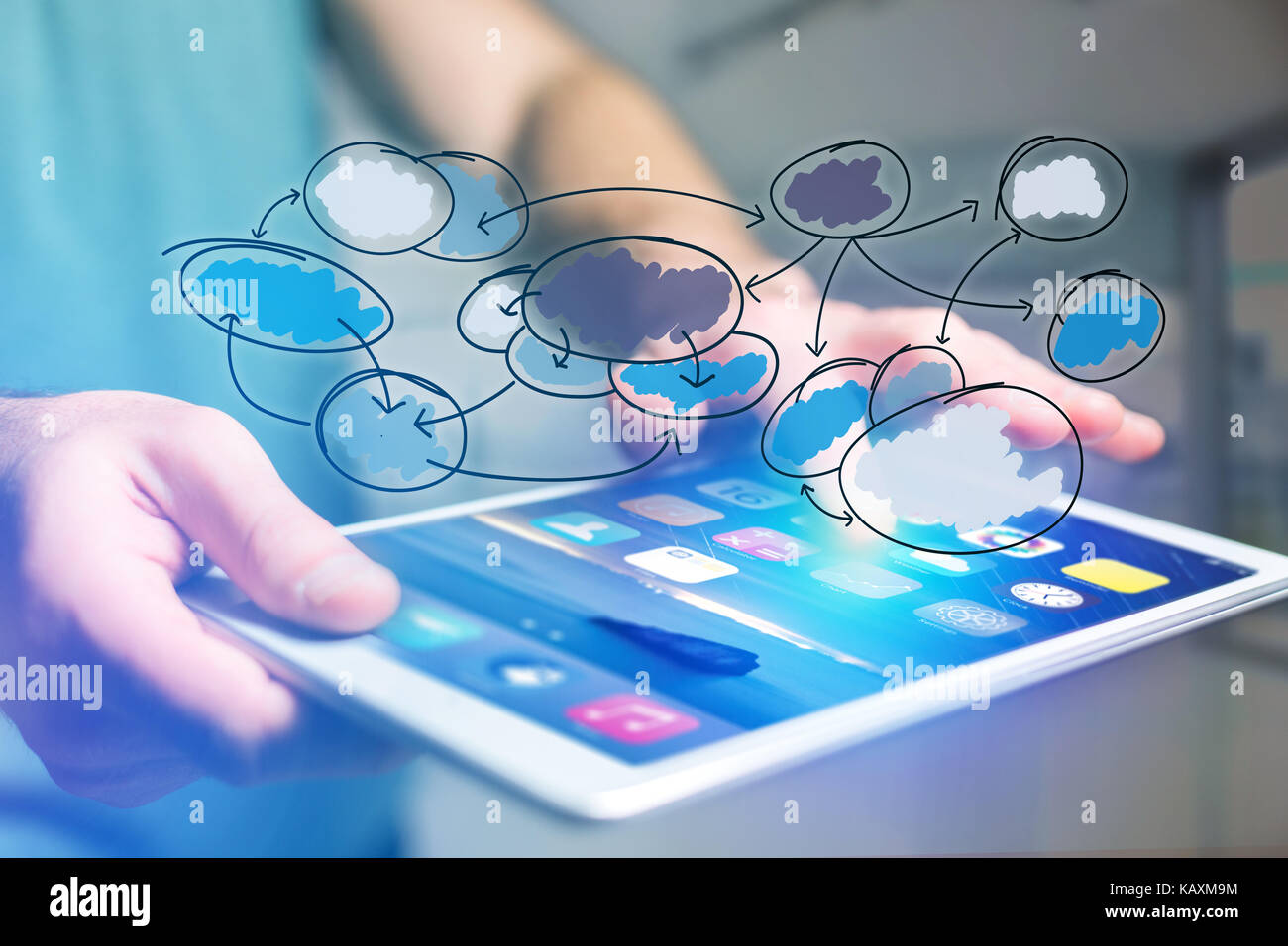 VIew of Hand chart organization icon going out a tablet interface of a ...