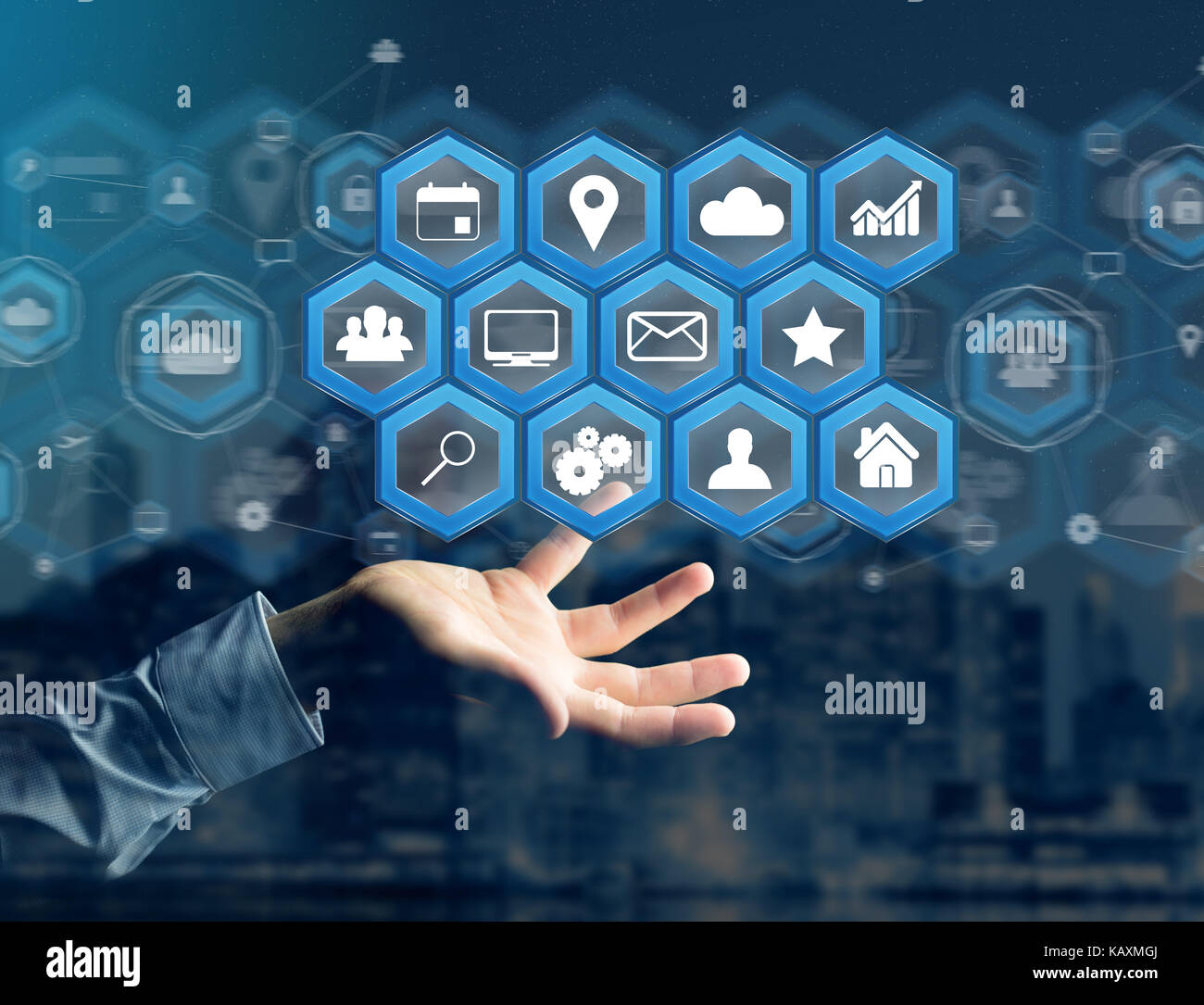 View of a Application center displayed on a futuristic interface with ...