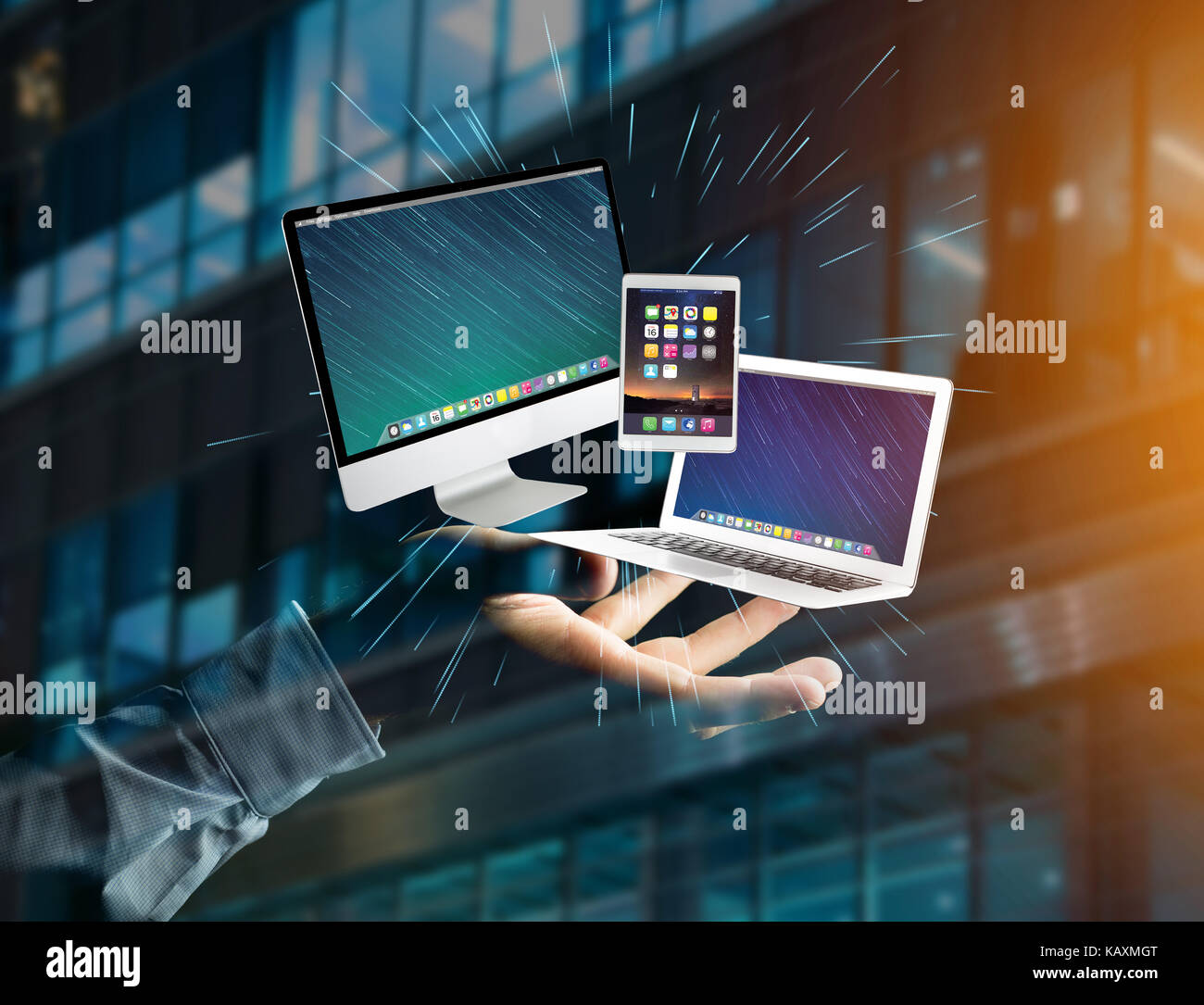 View of a Computer and devices displayed on a futuristic interface with ...