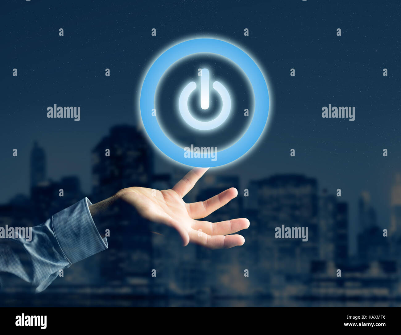 View of a Power button symbol displayed on a futuristic interface ...