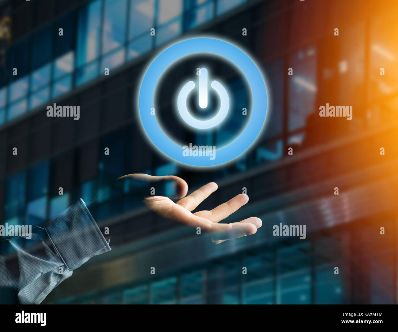 View of a Power button symbol displayed on a futuristic interface ...