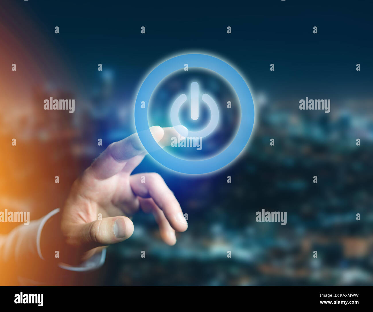 View of a Power button symbol displayed on a futuristic interface ...