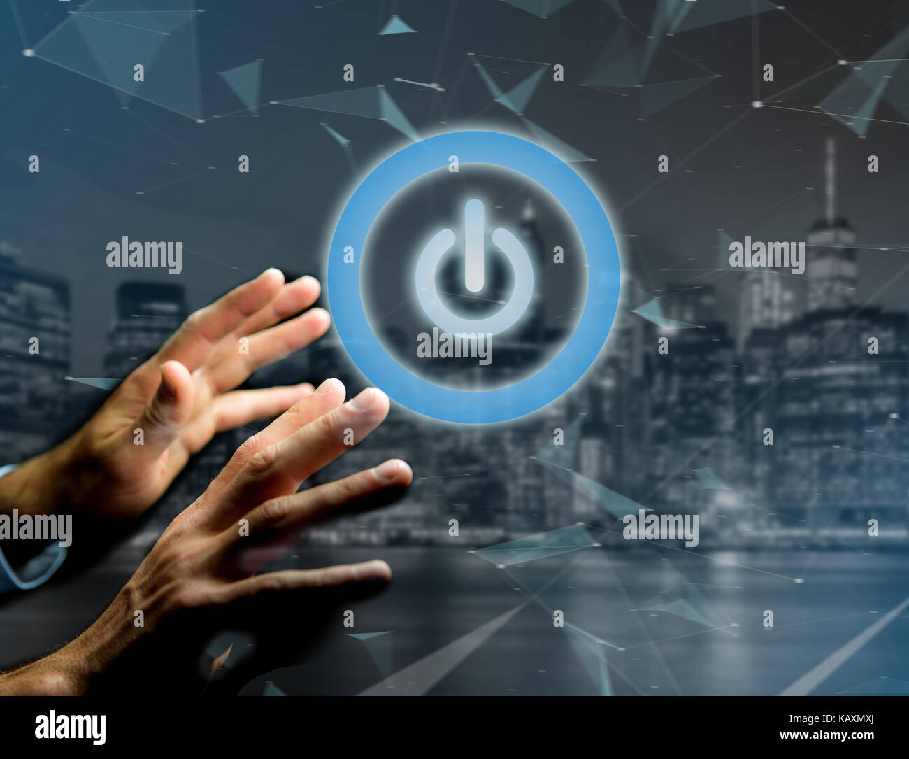 View of a Power button symbol displayed on a futuristic interface ...