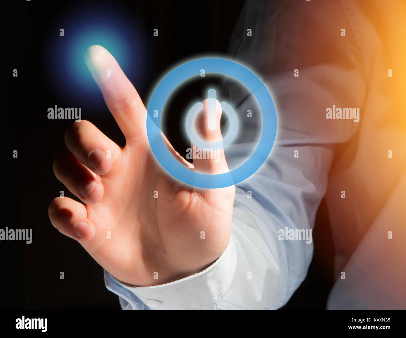 View of a Power button symbol displayed on a futuristic interface ...