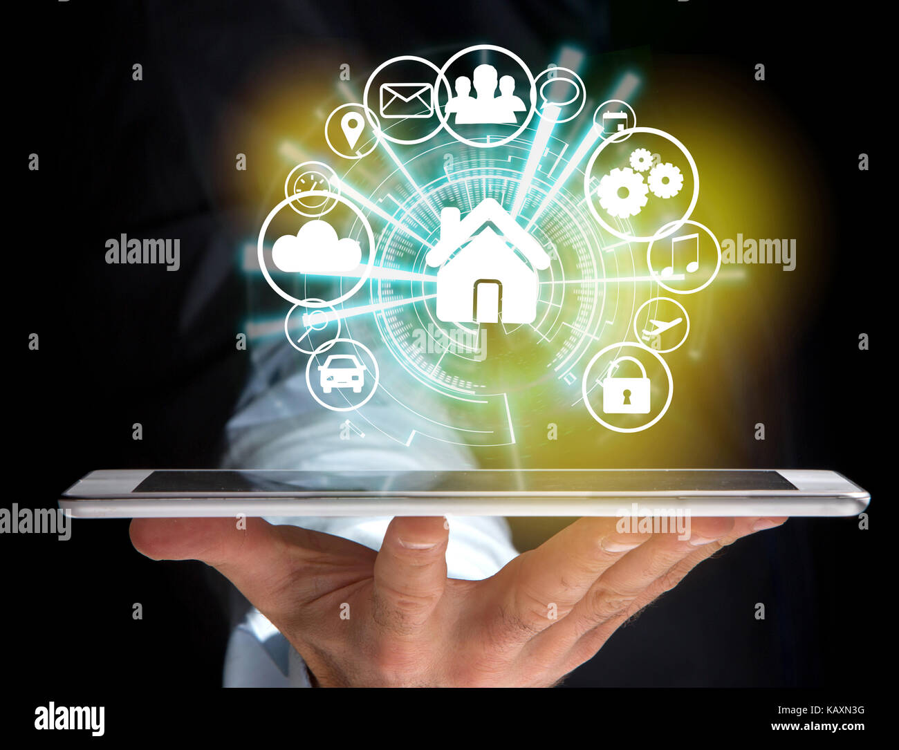 View of a Home button of a technology interface surrounded by ...