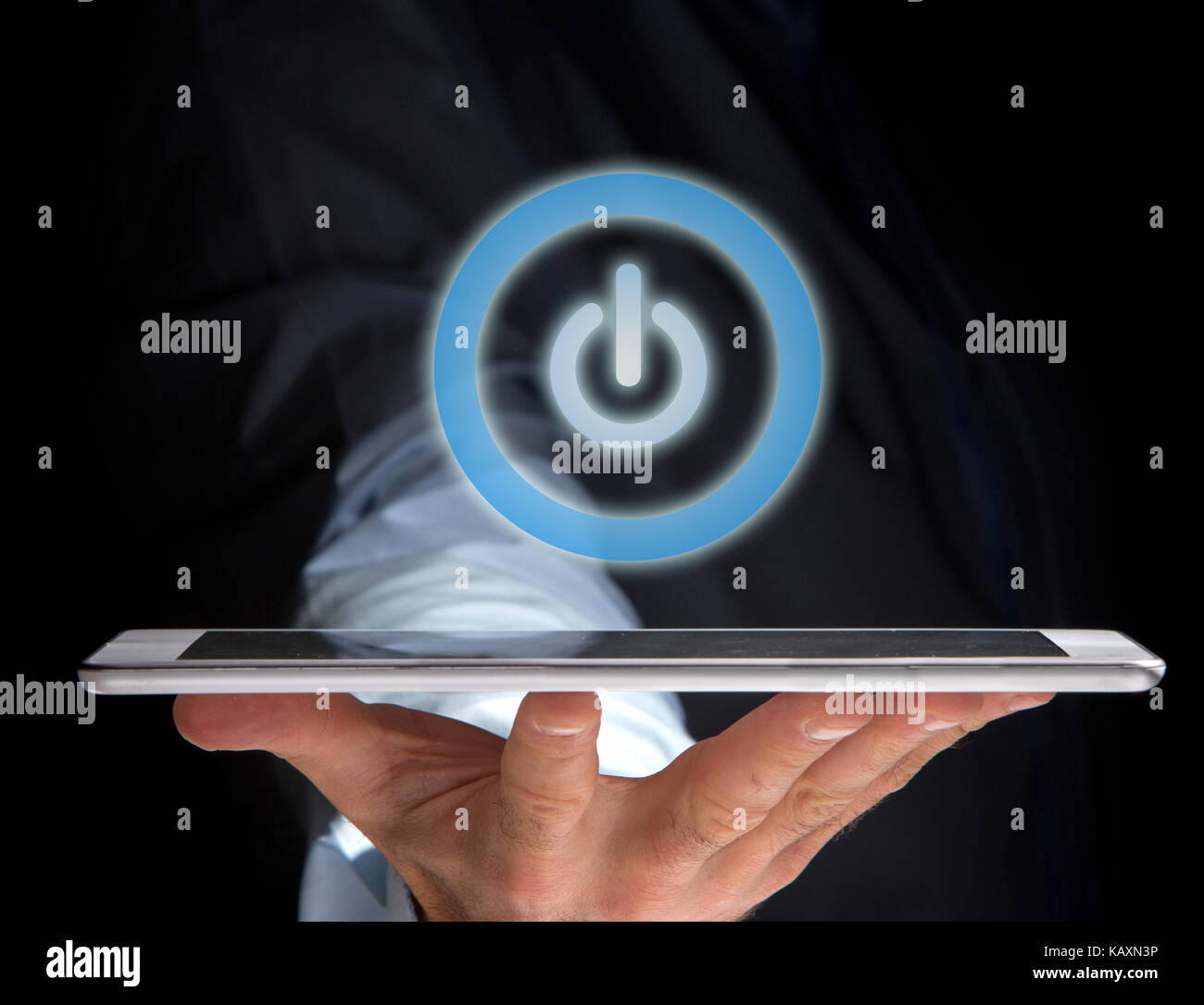 View of a Power button symbol displayed on a futuristic interface ...