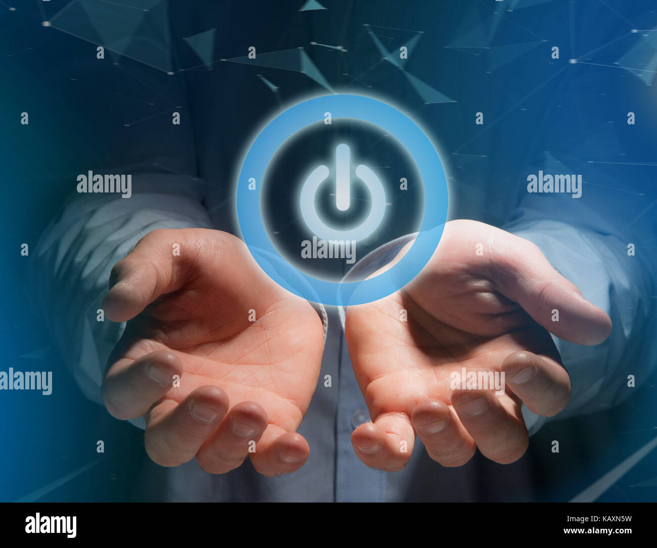 View of a Power button symbol displayed on a futuristic interface ...