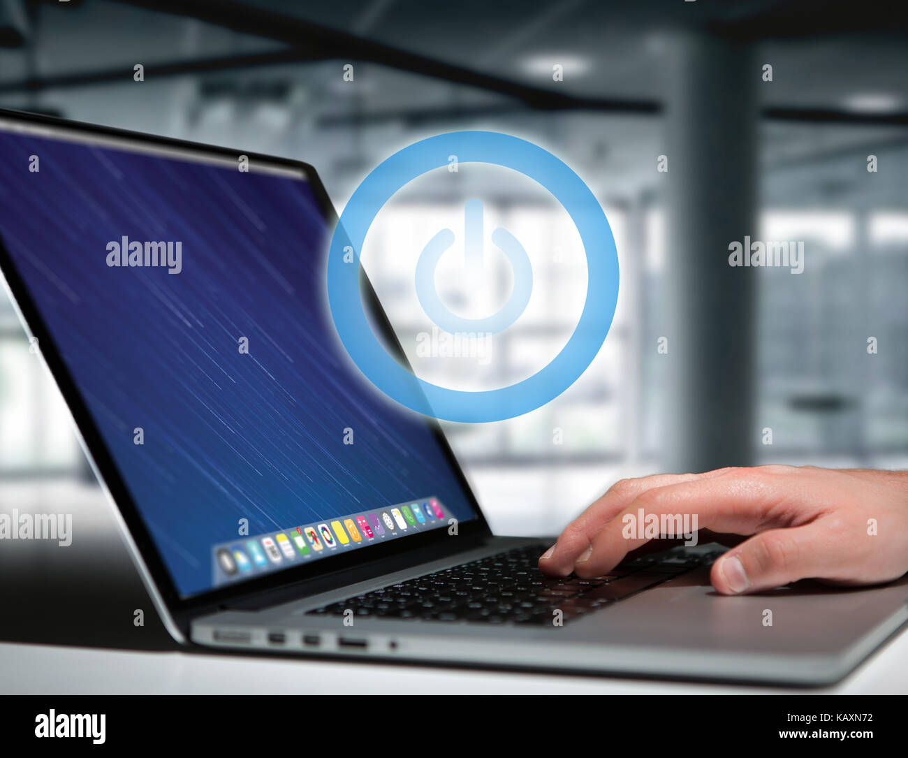 View of a Power button symbol displayed on a futuristic interface ...