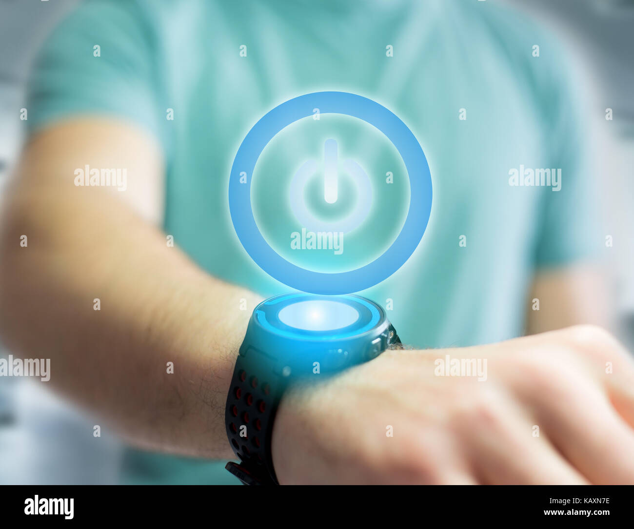 View of a Power button symbol displayed on a futuristic interface ...