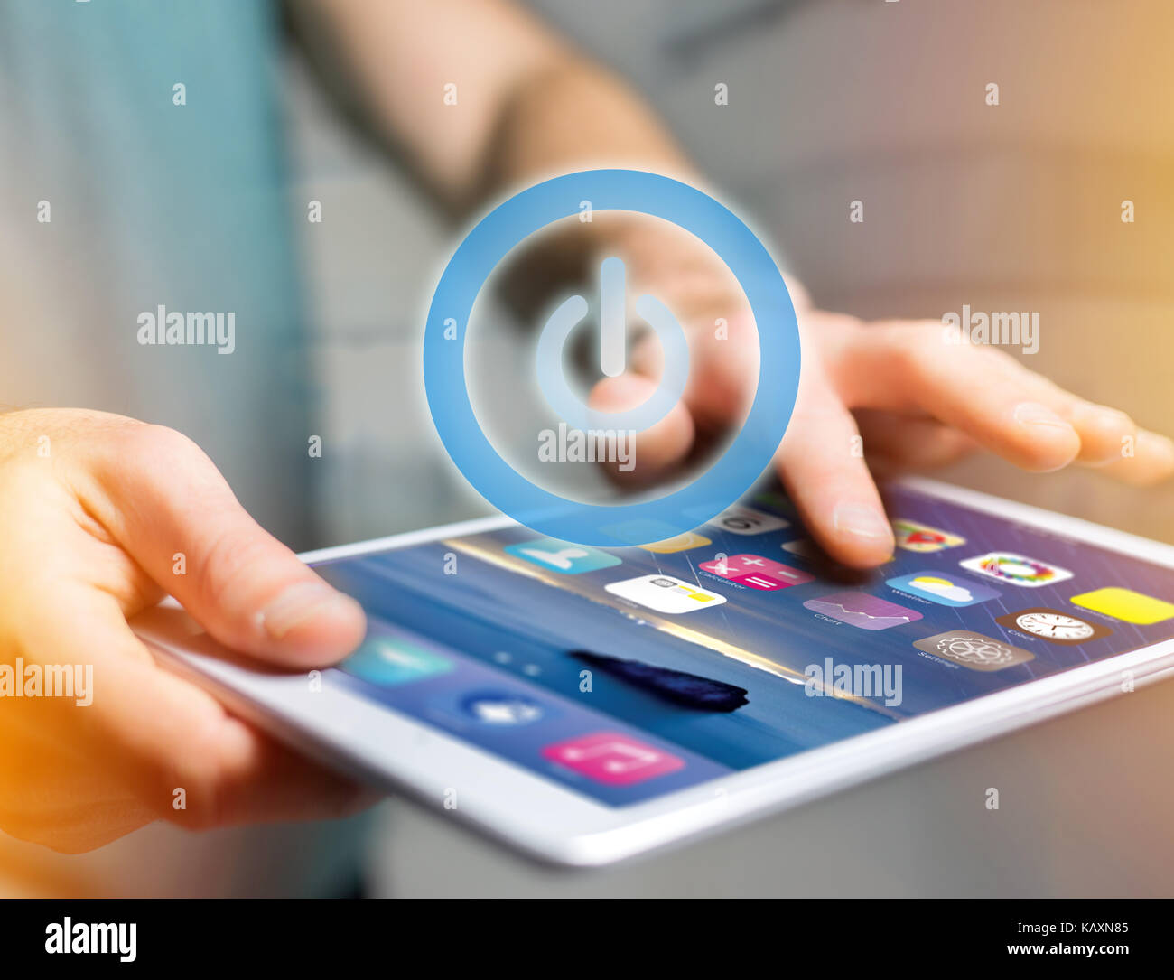 View of a Power button symbol displayed on a futuristic interface ...