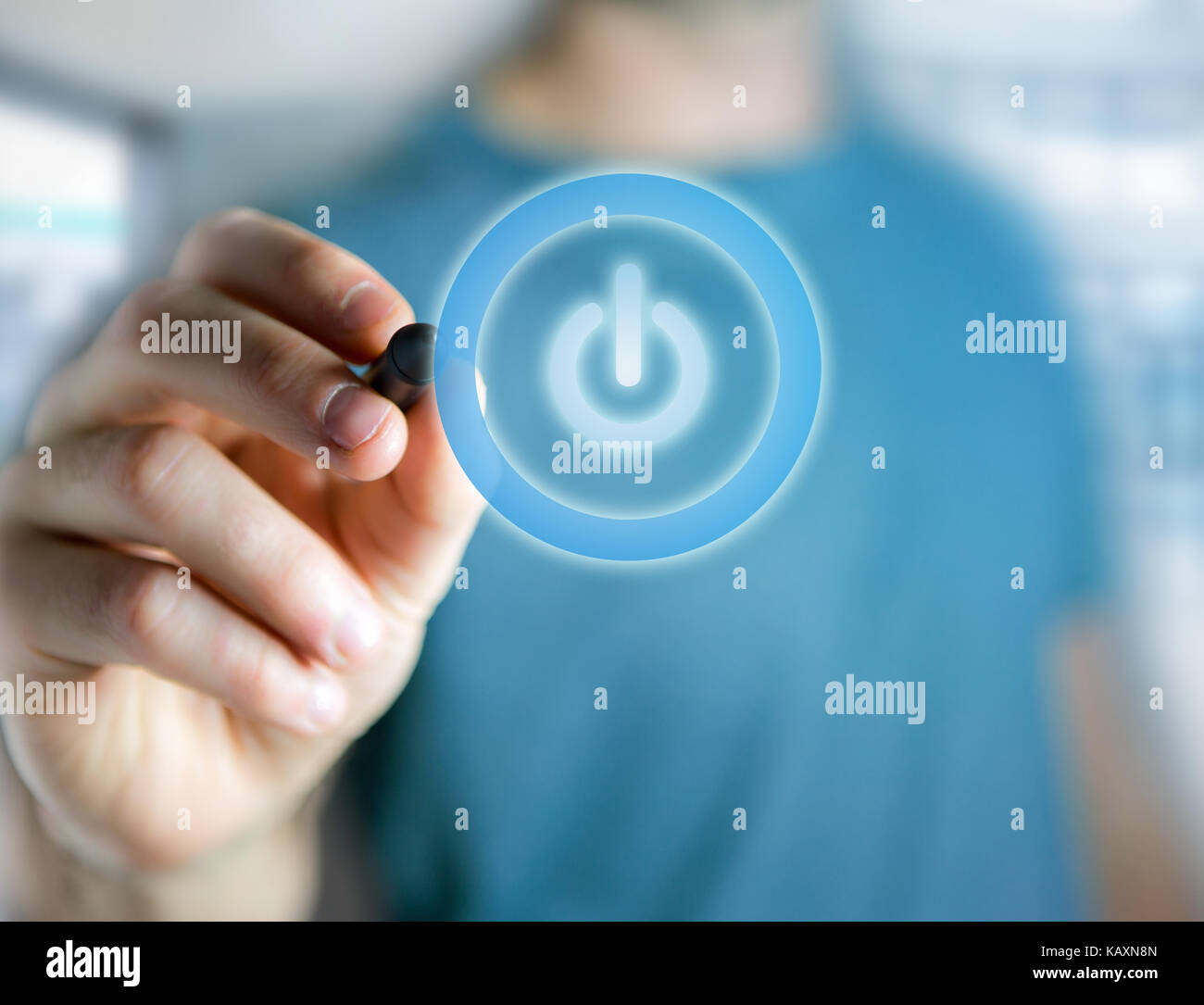 View of a Power button symbol displayed on a futuristic interface ...